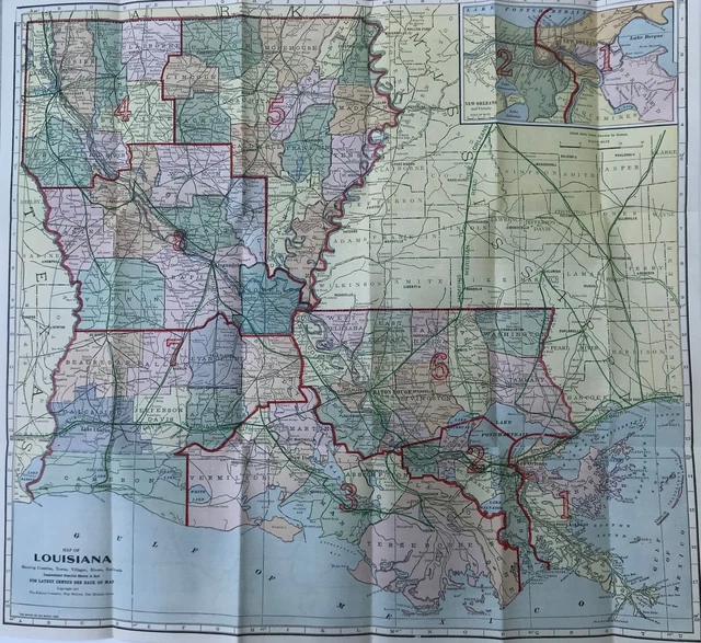 MAP OF LOUISIANA Showing Counties Towns Villages Rivers Railroads ...