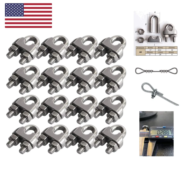16 PACK 1/4 Inch M6 Wire Rope Cable Clip Clamp, 304 Stainless Steel ...