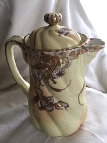 19TH CENTURY COCOA Pot - textured gold & white floral painted - a ...