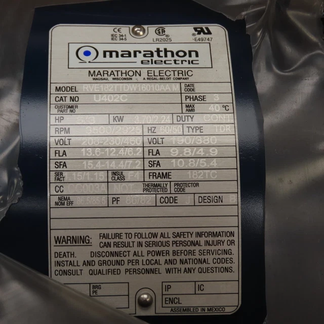 MOTEUR ÉLECTRIQUE AC Marathon U402C 5HP 208-230/460V 3PH 3500RPM 182TC ...