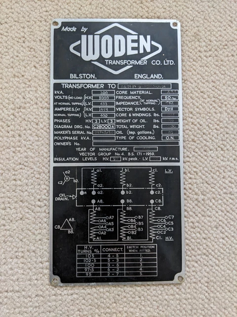 WODEN TRANSFORMER CO, Bilson, Wolverhampton, transformer plate 1969 ...