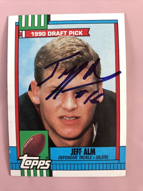 CARTE RC RECRUE Jeff Alm dédicacée 1990 Topps Notre Dame Houston Oilers ...