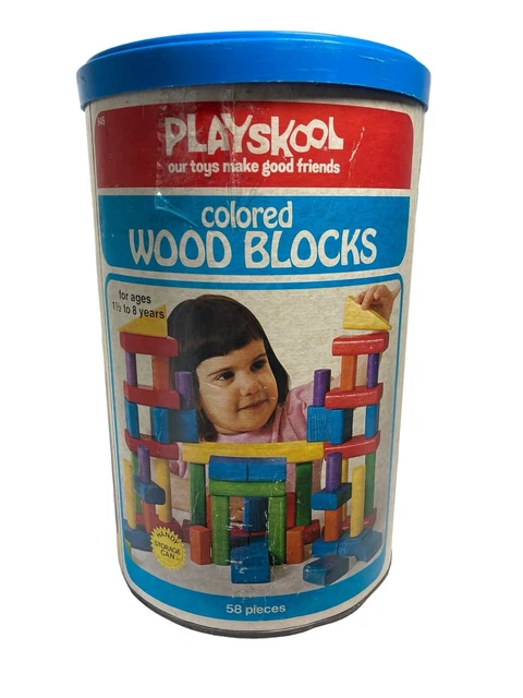 VINTAGE PLAYSKOOL ORIGINAL Canister 42 Colored Wooden Blocks Assorted ...