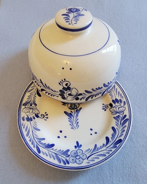 VINTAGE HAND PAINTED Delft Blue Covered CHEESE BUTTER DISH w/Lid ...