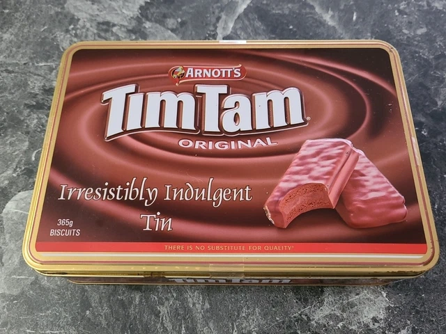 ARNOTT'S BISCUIT TIN. Tim Tam. Irresistibly Indulgent. Red banner ...