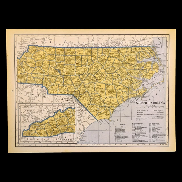 CA1939 NORTH CAROLINA Map Railroad Depot Towns Original Atlas Map ACL ...