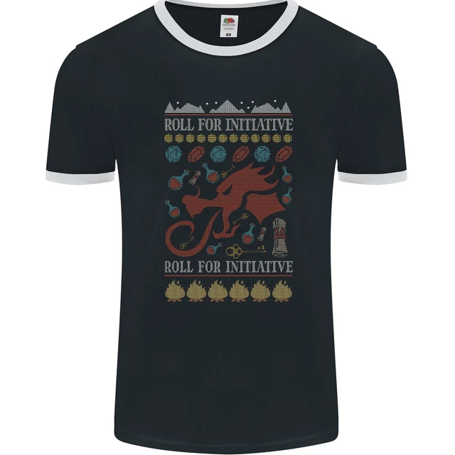 T-SHIRT RINGER POUR Hommes RPG Dragon Jeux De Rôle Noël FotL EUR 15,20 ...
