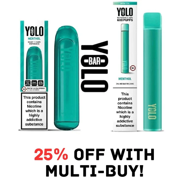 YOLO MENTHOL DISPOSABLE Vape Bars 20mg Nic Salt 600Puff Pen ecig Juice ...
