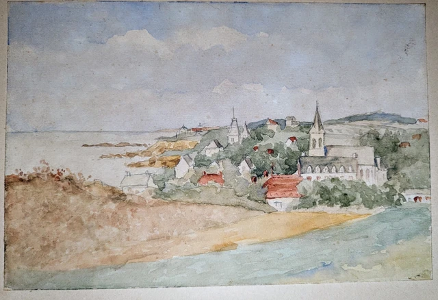 TABLEAU AQUARELLE ORIGINALE entre Normandie et Bretagne Bord d'océan EUR 15,00 - PicClick FR