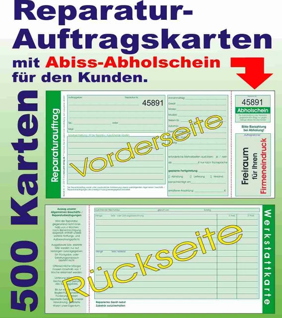 500 REPARATUR - Auftrags - Arbeitskarten mit Abriss-Abholschein EUR 44 ...