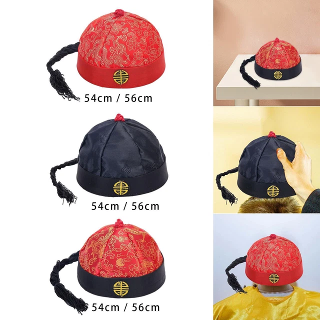 CHINESE ORIENTAL HAT with Ponytail Qing Traditional Party Costume Cap ...