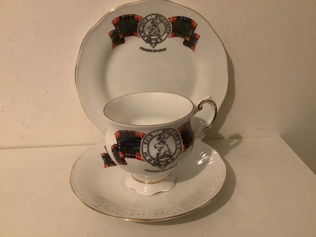 ELIZABETHAN BONE CHINA Scottish Clans “Frazer” Cup And Saucer Trio Ex ...