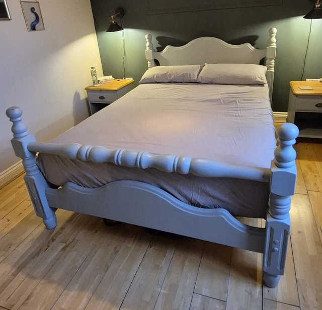 UPCYCLED WOODEN DOUBLE bed frame Painted in Frenchic Duckling grey blue ...