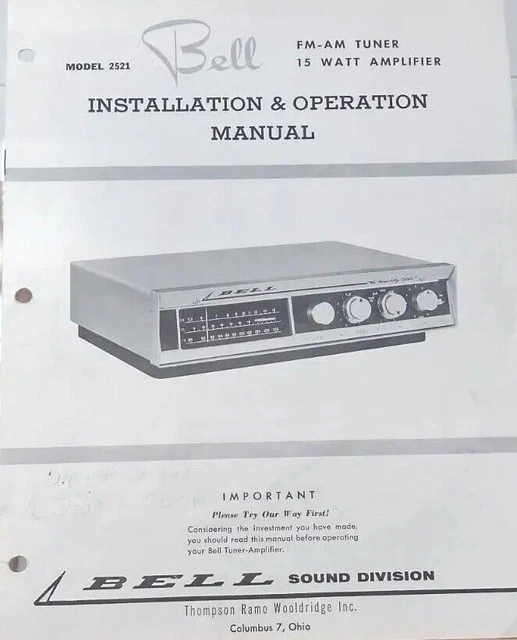 BELL MODEL 2521 Tube Amplifier Original Installation & Operation Manual ...