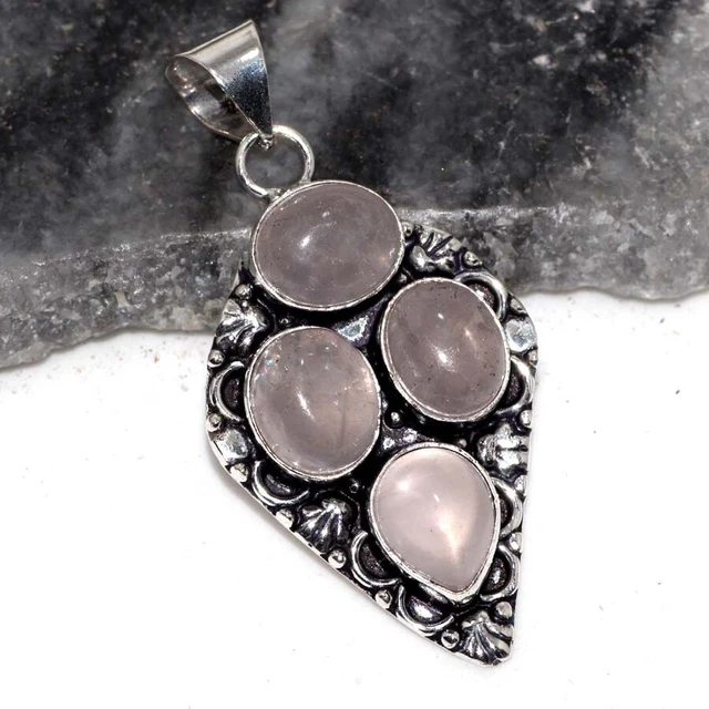925 SILVER PLATED-ROSE Quartz Ethnic Gemstone Handmade Pendant Jewelry ...