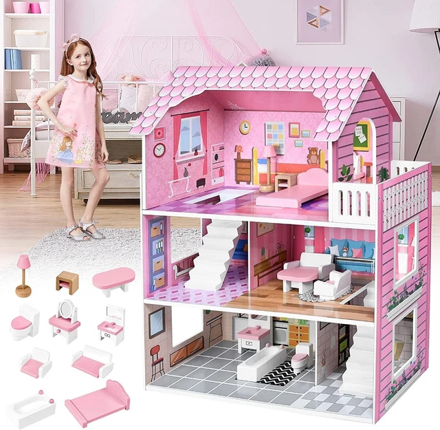 PINK DOLL HOUSE Large Wooden Dollhouse With Furniture Kids Role Play ...