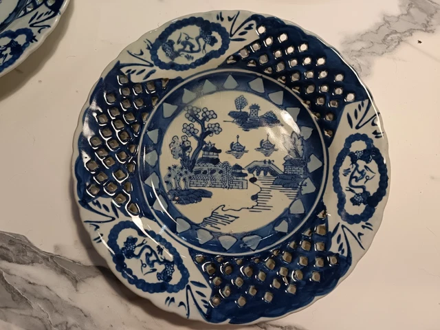 CHINESE STYLE IRONSTONE Stamped Blue & White Pierced-Rim Plate Lattice ...