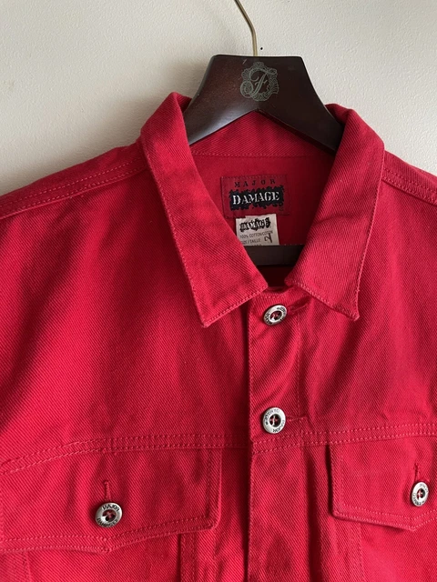 VINTAGE MAJOR DAMAGE Streetwear Denim Button Red Vest 1990s Large $85. ...