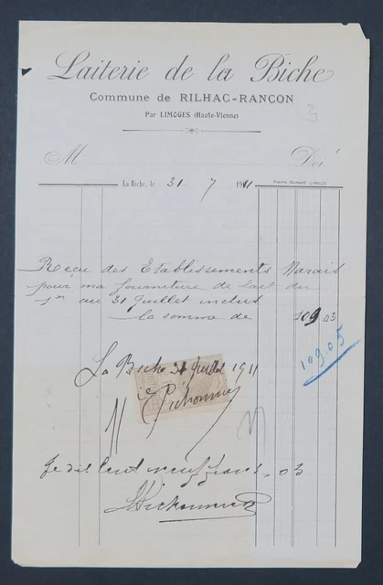 FACTURE 1911 LAITERIE de la BICHE RILHAC RANCON LIMOGES old bill ...