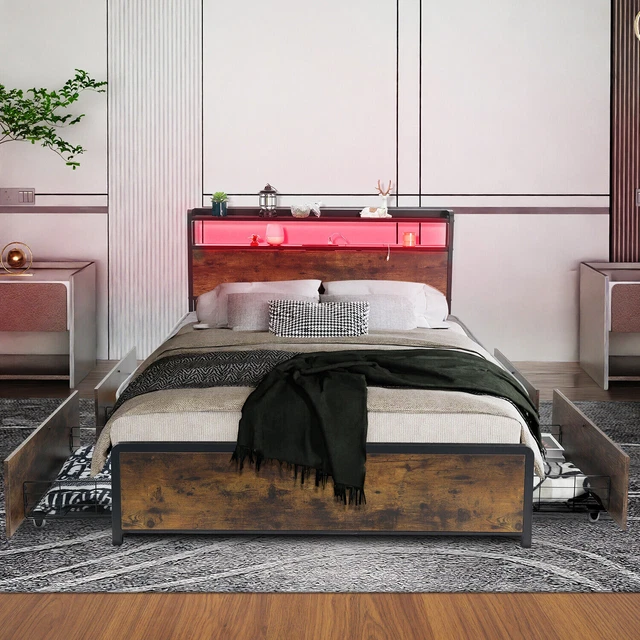 BED LED 4FT6 Metal Platform Headboard Frame Bed 4 Axpyzq Lights Storage ...