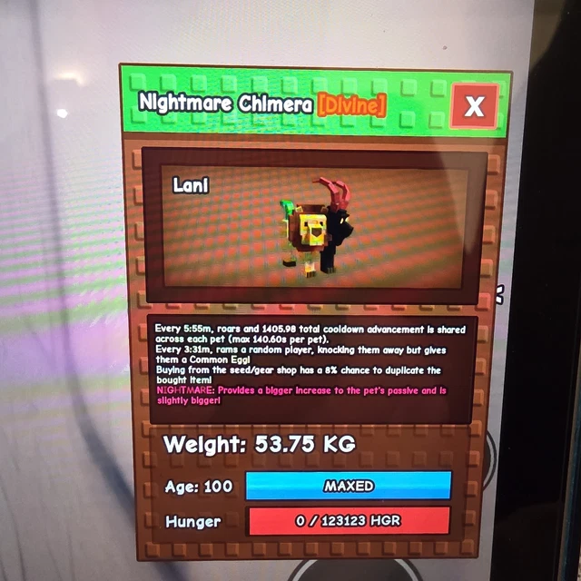 GROW A GARDEN [Roblox] Nightmare Chimera 53.75kg. Massive £21.50 ...