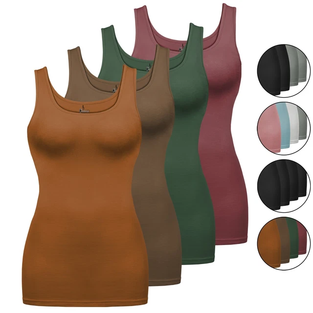 DAMEN TOPS 4ER Set Basic Long Tank Top Longtop Einfarbig Stretch ...