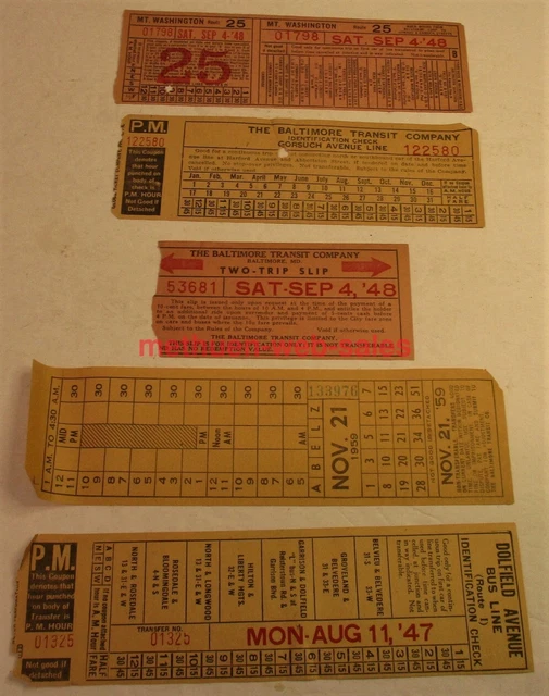 BALTIMORE TRANSIT COMPANY~1947,48,59~BUS/TROLLEY Transit Transfers ...