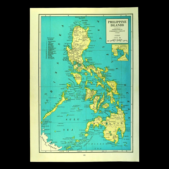 VINTAGE PHILIPPINE ISLANDS Map Philippine Wall Art 1940s Decor Original ...