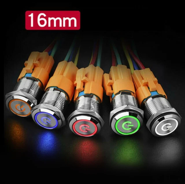 16MM 12V LED ON OFF Push Button Power-Switch Latching With Wire Socket ...