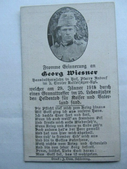 RARE WWI GERMAN Death Card, Tyrolian Jager Uniform/Hat, KIA BY DIRECT ...