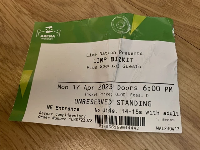 LIMP BIZKIT WEMBLEY ARENA STANDING TICKET STUB - Monday 17th April 2023 ...