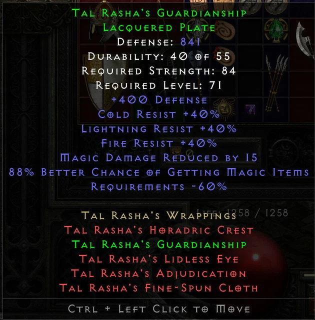 DIABLO 2 RESURRECTED * Tal Rasha's Guardianship Armor * Softcore PC ...