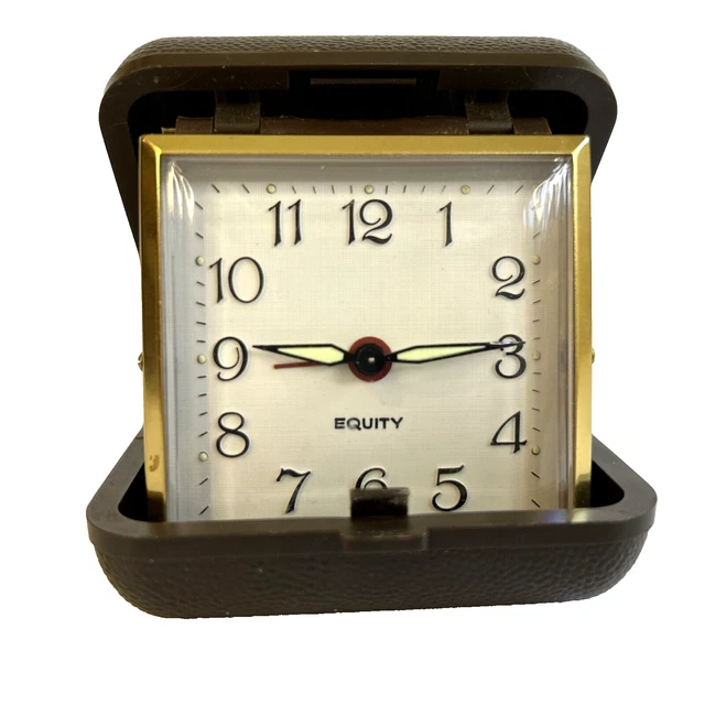 VINTAGE EQUITY FOLDING Travel Clock Retro Glow Hands Alarm Brown Case ...