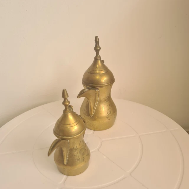 2 ARABIC DALLAH Brass Coffee Tea Pots Etched Vintage Decorative Small ...