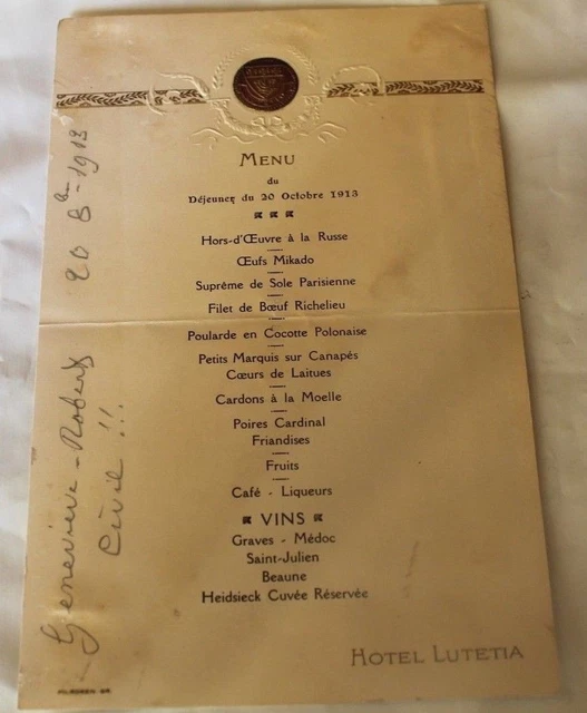 OLD LUTETIA HOTEL menu from October 20, 1913 £36.07 - PicClick UK