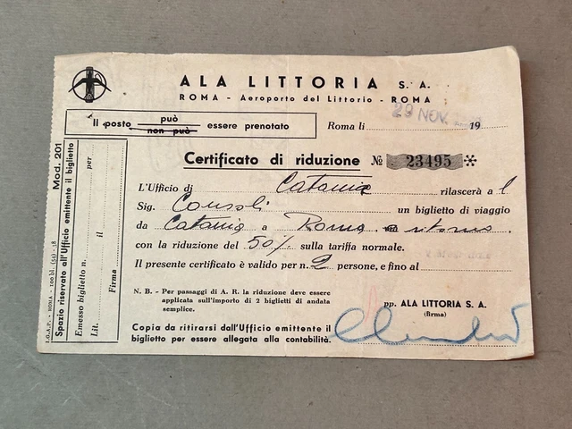 ALA LITTORIA CERTIFICATO di riduzione AEROPORTO DEL LITTORIO ROMA EUR 9,00 - PicClick IT