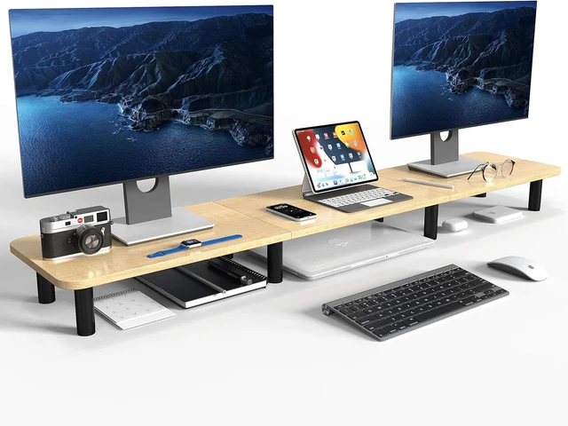 LARGE DUAL MONITOR Stand Riser, Solid Wood Desk Shelf with Eco Cork ...