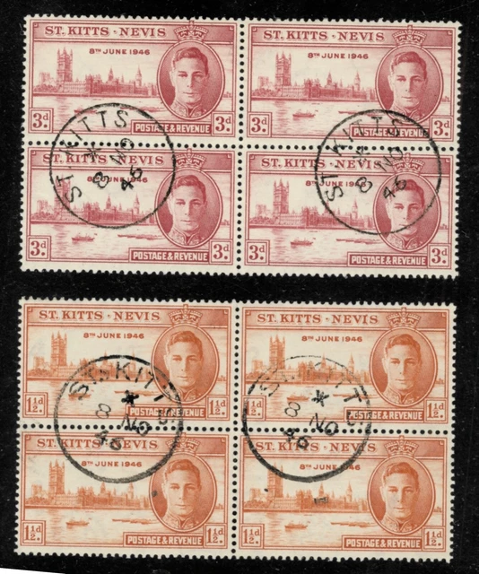 ST KITTS NEVIS - 1946 VICTORY / PEACE Set in F.U. BLOCKS of FOUR £1.95 ...