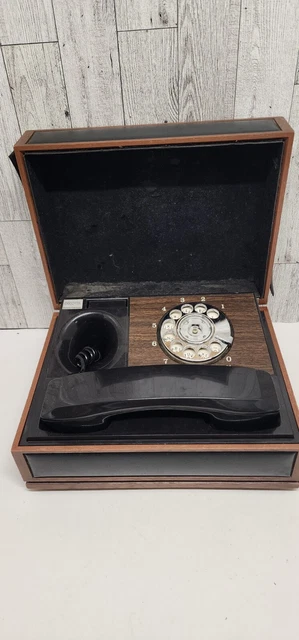 VINTAGE 1981 LEATHER wood Desk PHONE Deco-Tel Rotary Dial As Seen Air ...