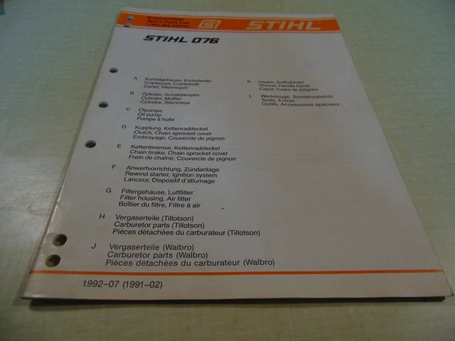 TRONÇONNEUSE STIHL 076 Liste des Pièces de Rechange 1991 EUR 10,00 ...