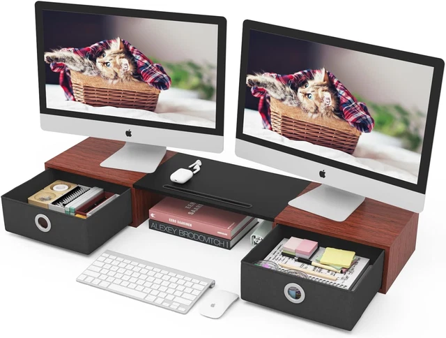 DUAL MONITOR STAND Riser with Two Drawers Extra Large Storage Monitor ...