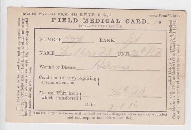 WW1 BRITISH ARMY Hospital Army Form W.3118 Field Medical Card 1916 ...
