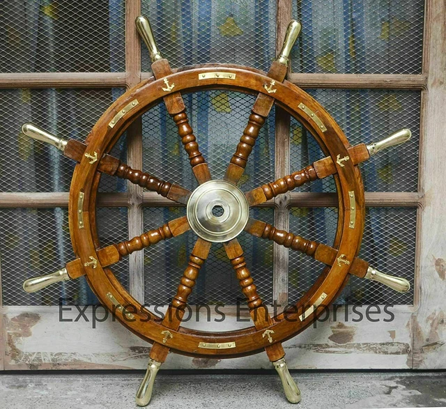ROUE DE BATEAU en bois de 36" avec poignées en laiton, décoration murale de... EUR 164,39 ...