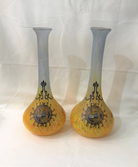 ANCIENNE PAIRE DE grand vase en verre émaillé signé LEGRAS 36cm 1900 Art Nouveau EUR 400,00 ...