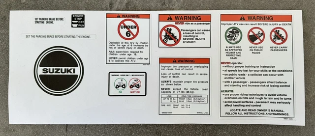 SUZUKI 1985 LT50 Quad Runner SAFETY WARNING Decal Set / Sticker Kit $80 ...