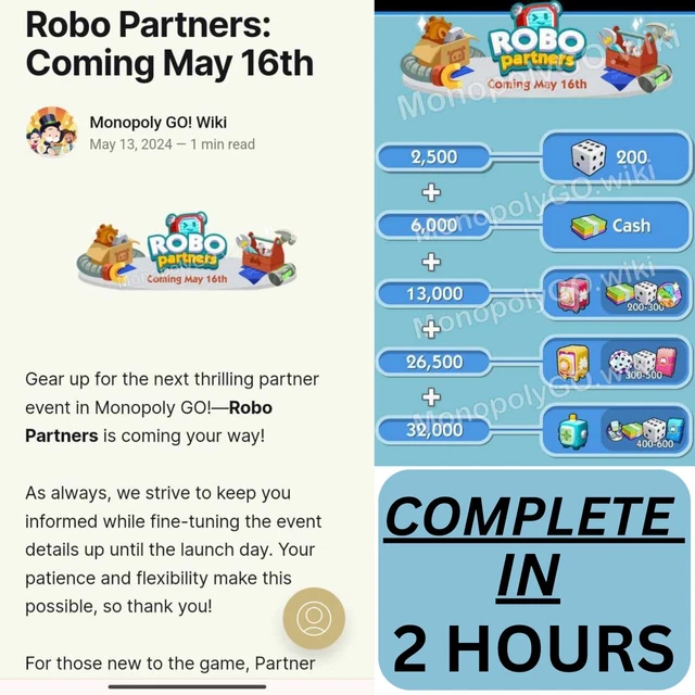 CARTE AUTOCOLLANT ROBO Partner Event Monopoly Go complète en 2 heures ...