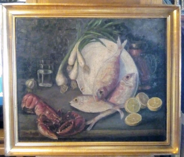 TABLEAU ANCIEN HUILE Nature morte Fruits de mer, poisson et Citron XXéme EUR 250,00 - PicClick FR
