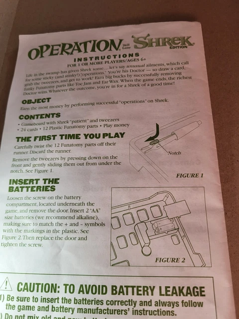 SHREK OPERATION INSTRUCTIONS Replacement Milton Bradley Hasbro $3.00 ...