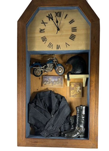 MOTORCYCLE SHADOW BOX Diorama Clock Vtg Wall Display Jacket Boots ...