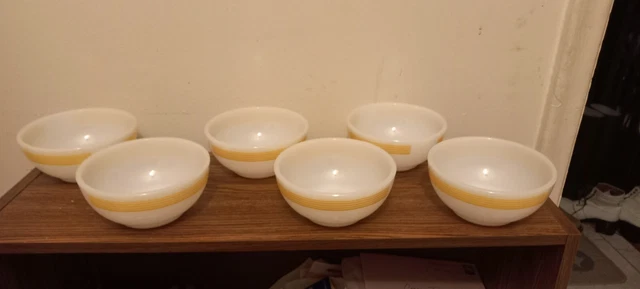 TERMOCRISA MEXICO 6 MILK GLASS SOUP CHILI CEREAL BOWLS W yellow stripes ...